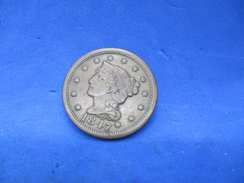 1847 Braided Hair Large Copper Coronet Liberty Wreath XF Large Cent ...